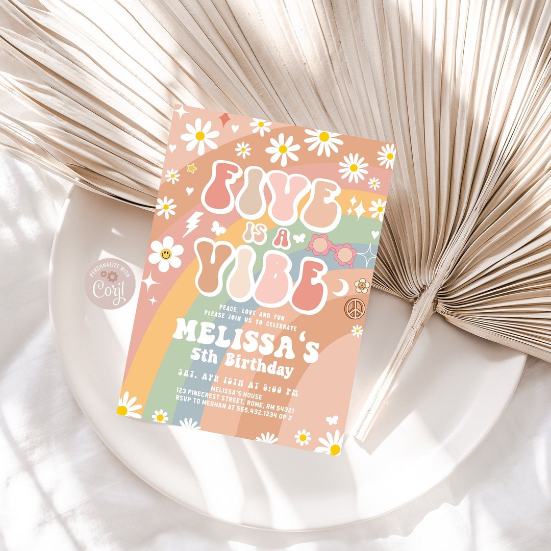 Editable Five is A Vibe Groovy 5th Birthday Party Invitation Daisy ...