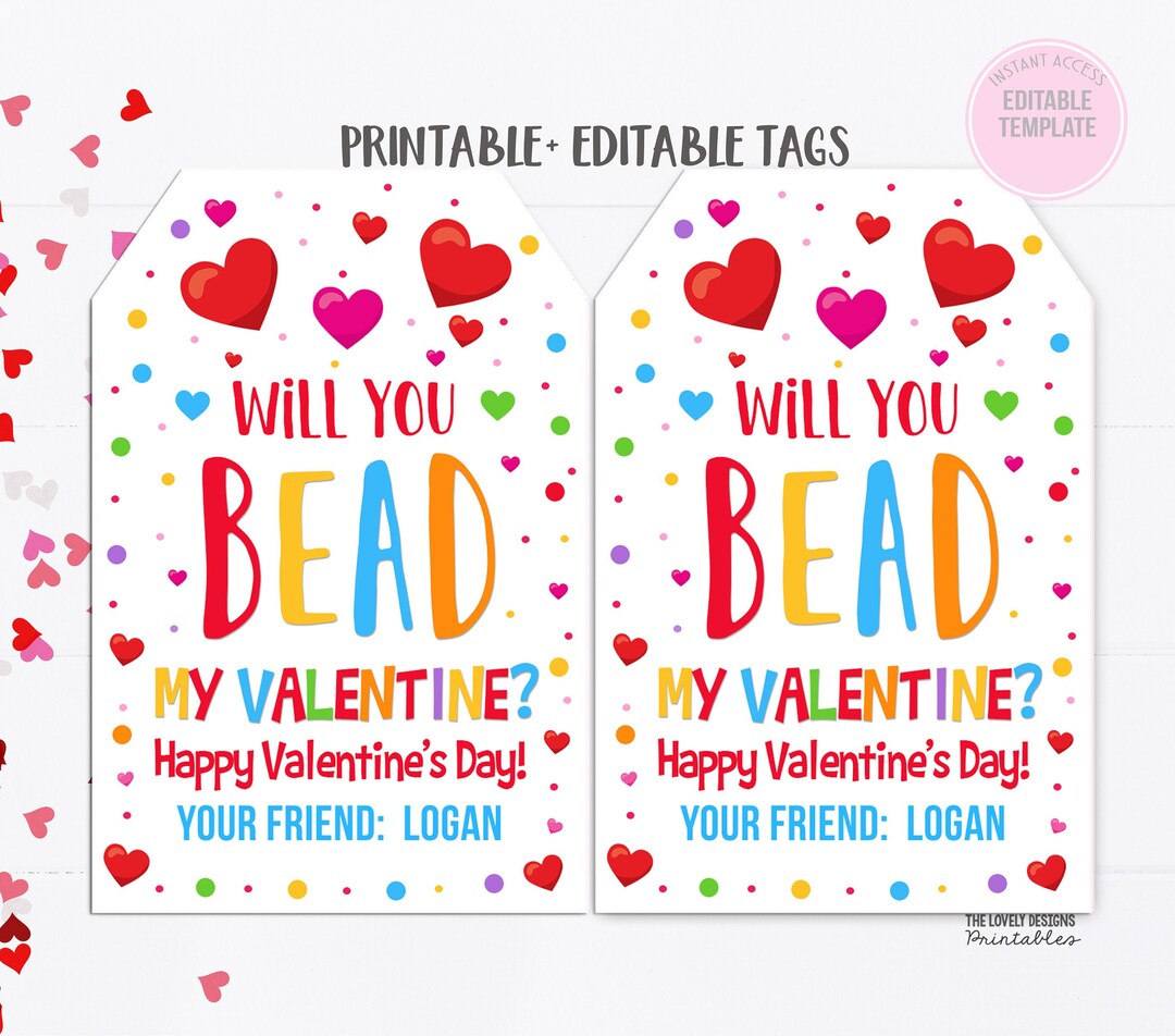 Valentine's Day Gift Tags Will You Bead My Valentine Tag Girl ...