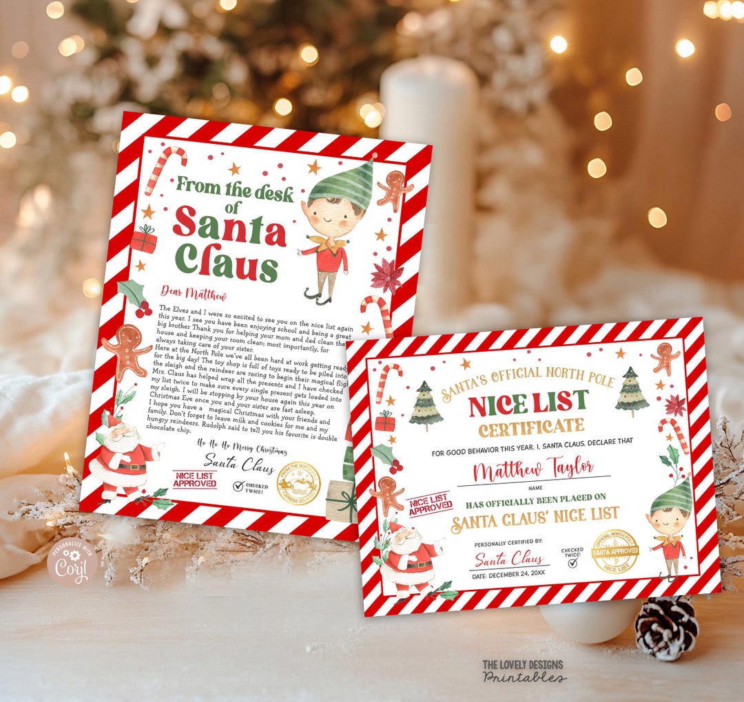 Editable Official Letter From Santa Claus & Elf Nice List Certificate ...