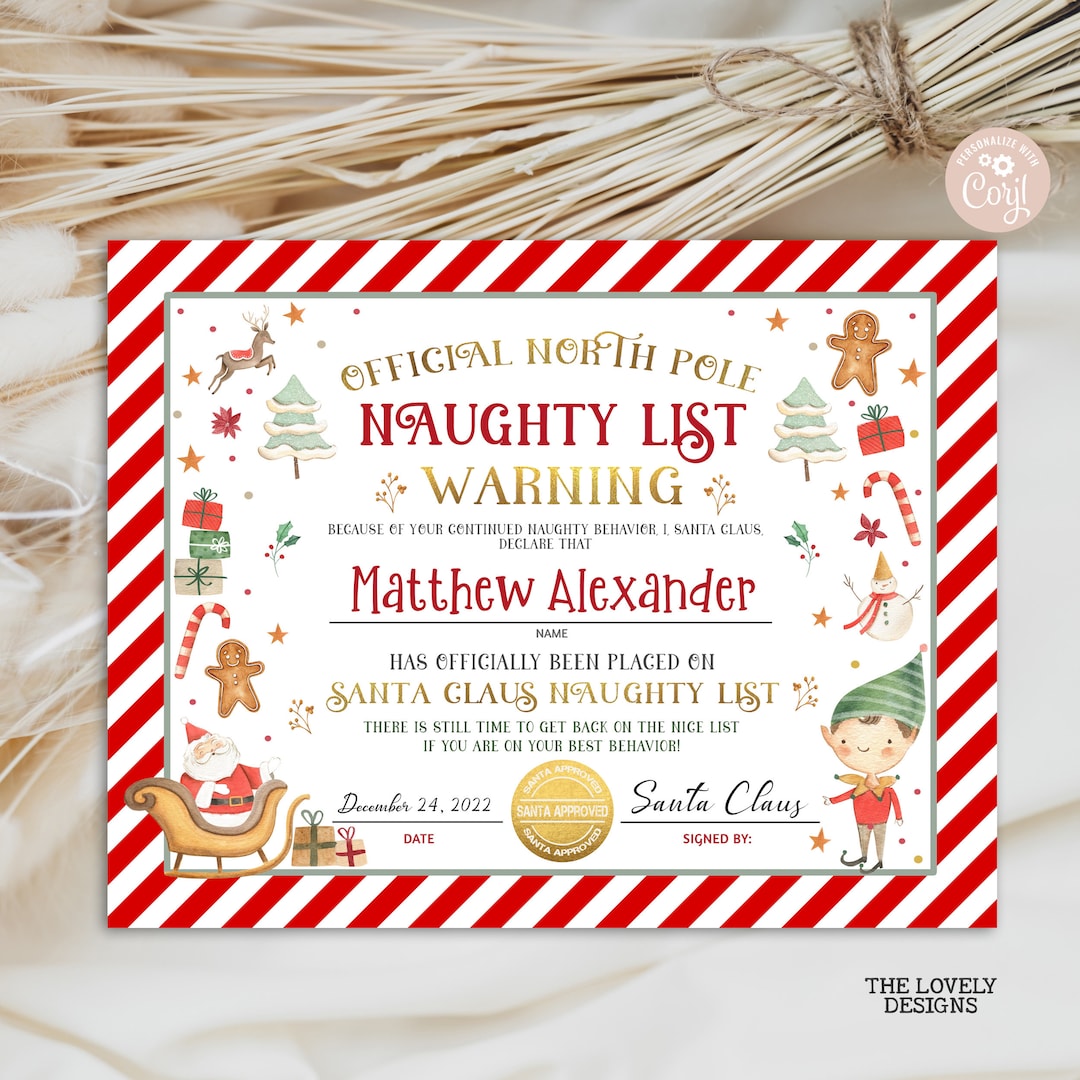 EDITABLE Santa Claus Official Naughty List Warning Certificate Elf Boy ...
