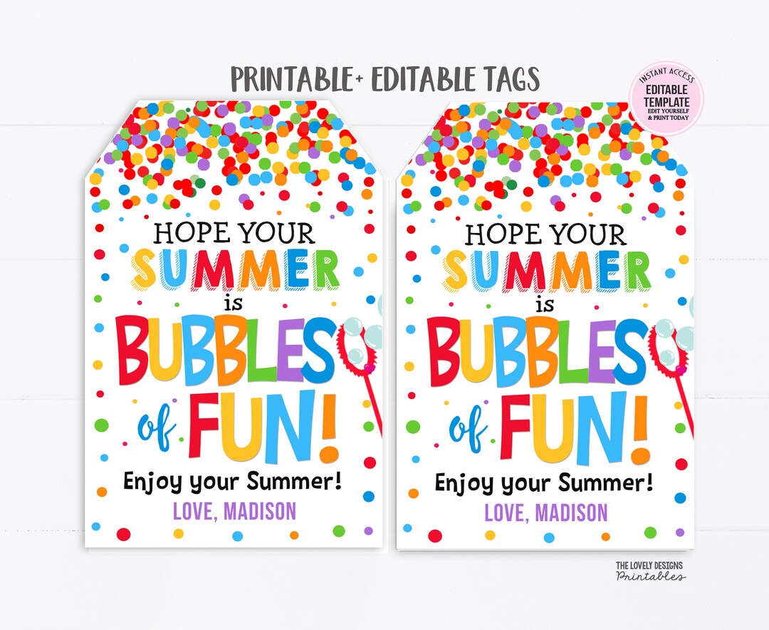 End of School Bubble Tags Summer Bubble Favor Tag Kids Preschool ...