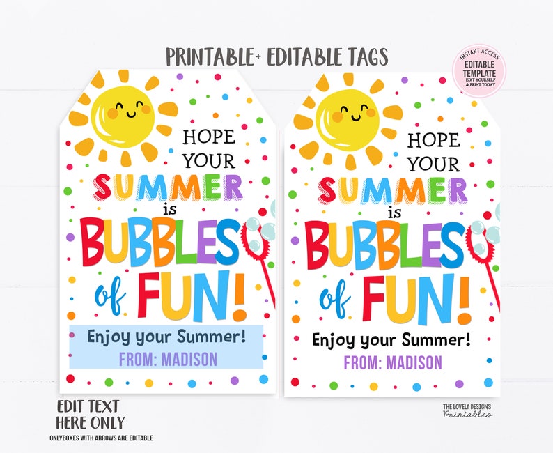 End of School Bubble Tags Summer Bubble Favor Tag Kids Preschool ...