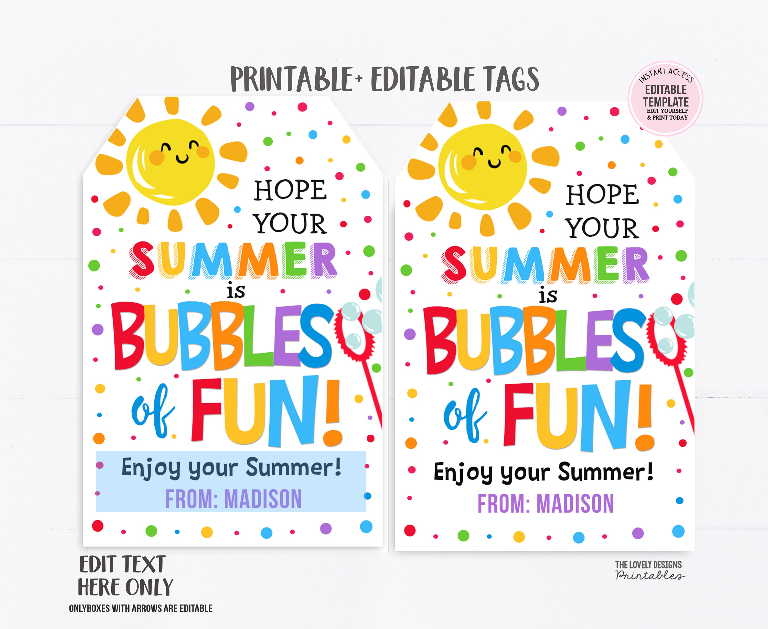 End of School Bubble Tags Summer Bubble Favor Tag Kids Preschool ...