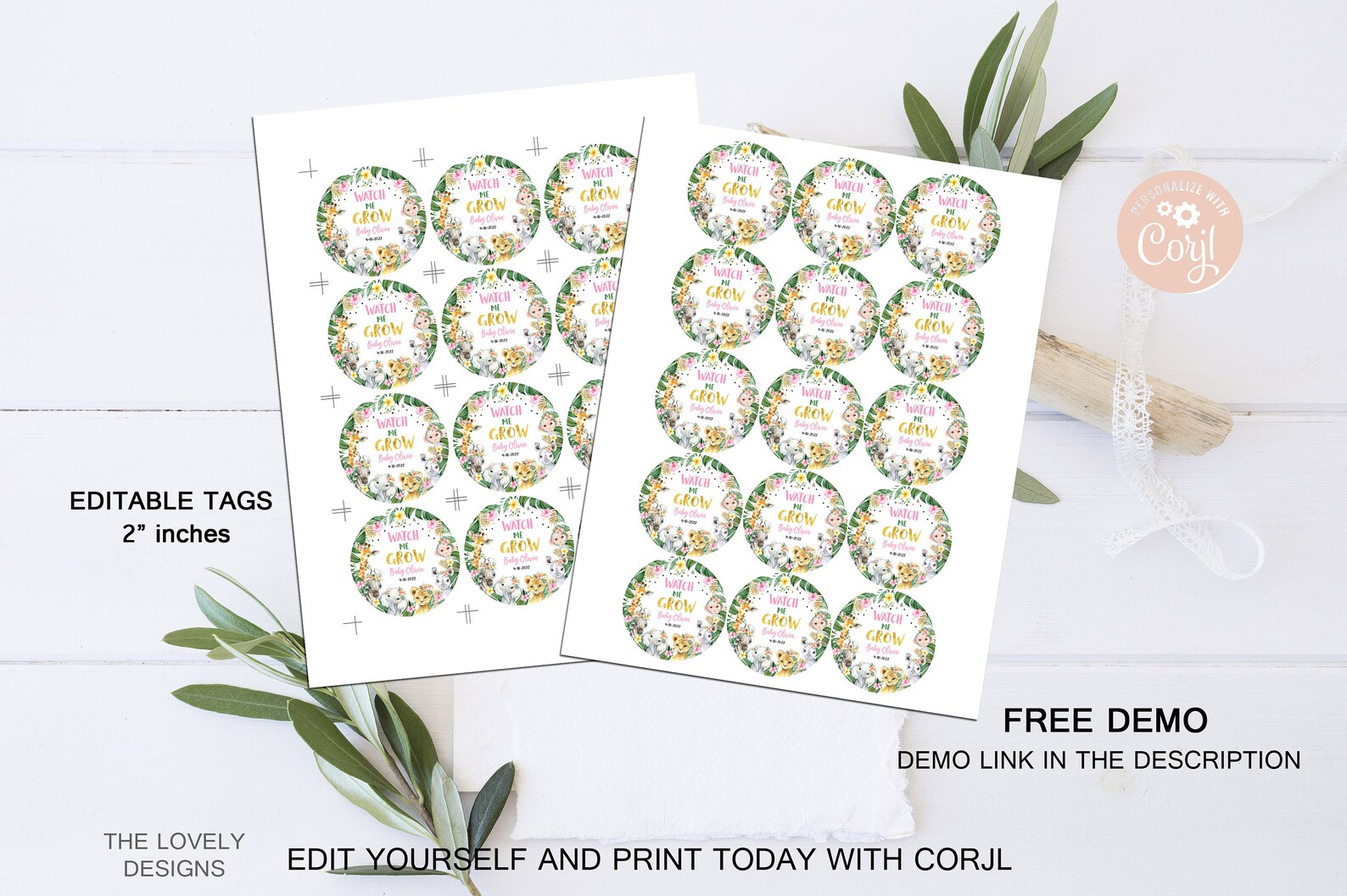 Editable Watch Me Grow Tags Jungle Circle Round Tag 2" Jungle Girl Baby ...