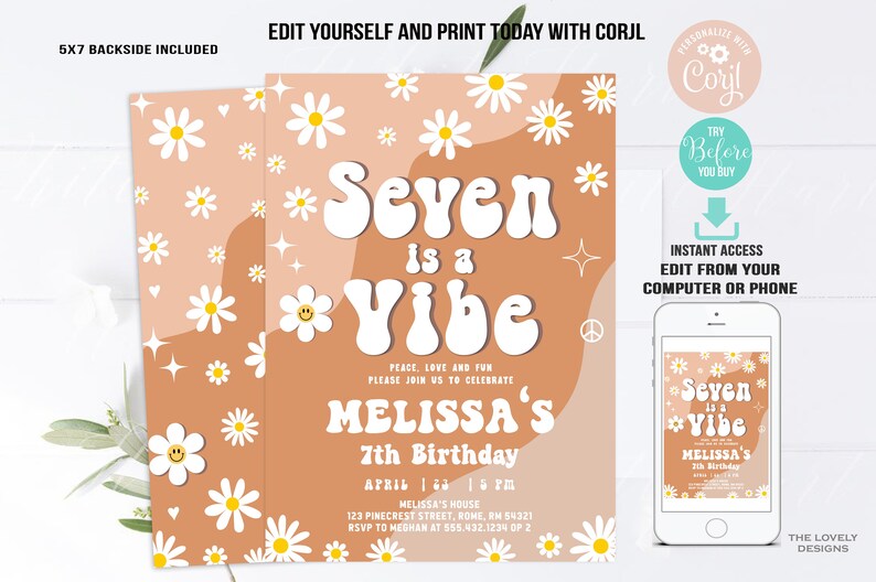 EDITABLE Groovy 7th Birthday Invitation Seven is a Vibe Daisy - Etsy