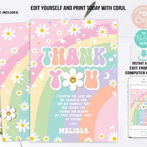 EDITABLE Groovy Thank You Card Two Groovy One Birthday Rainbow Daisy ...