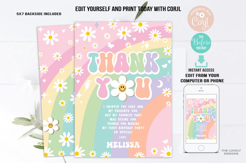 EDITABLE Groovy Thank You Card Two Groovy One Birthday Rainbow Daisy ...
