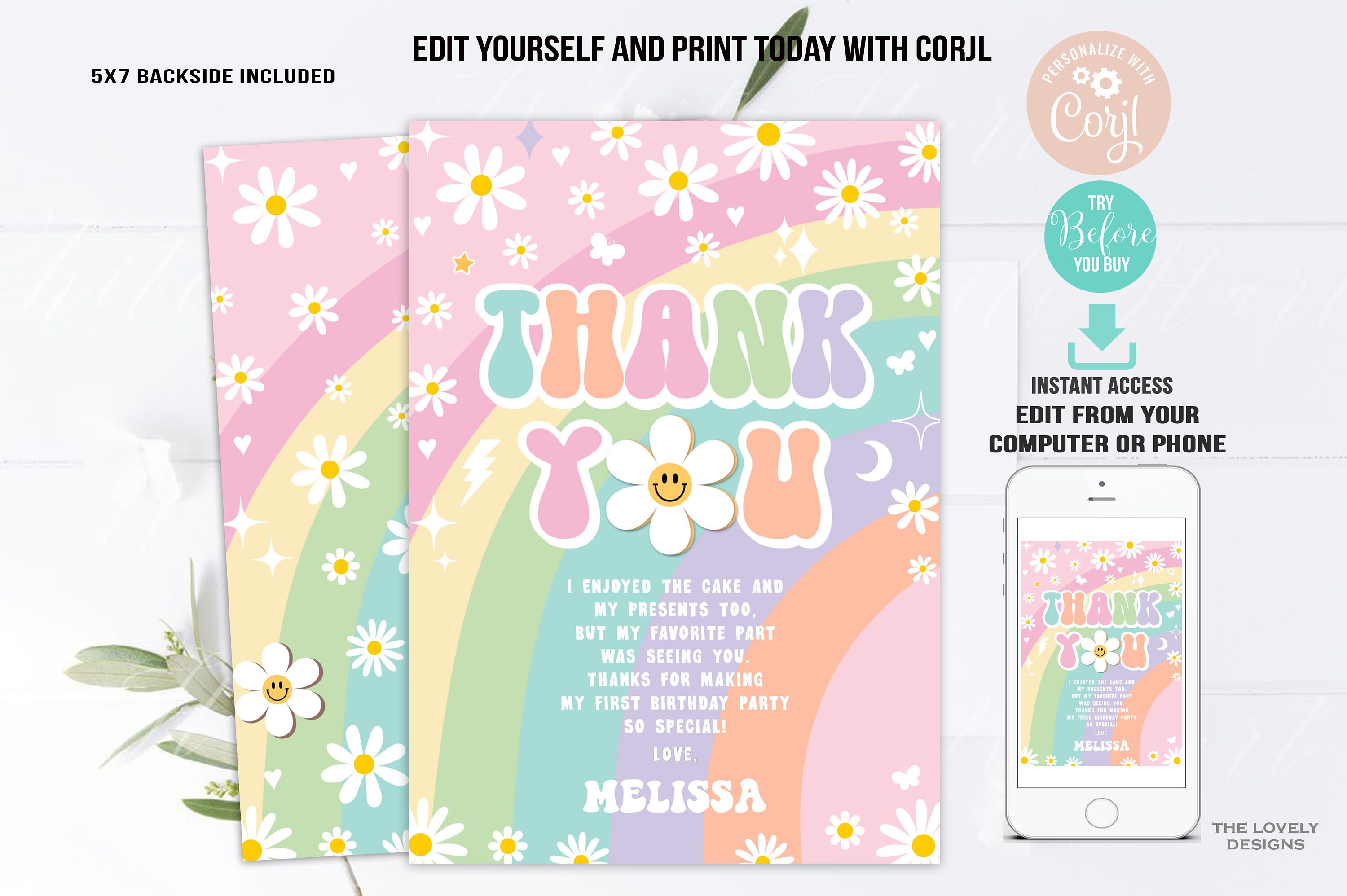 EDITABLE Groovy Thank You Card Two Groovy One Birthday Rainbow Daisy ...