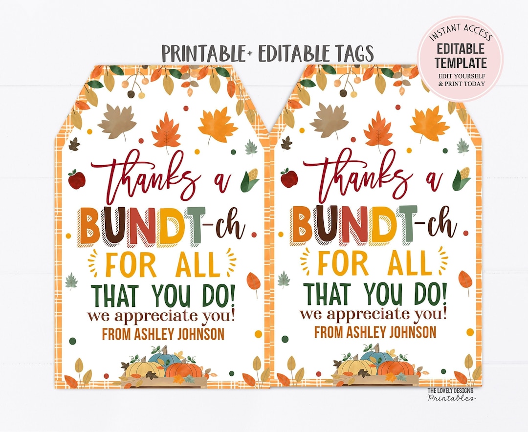 Fall Bundt Cake Gift Tag Thanks a Bundtch for All You Do School PTO ...