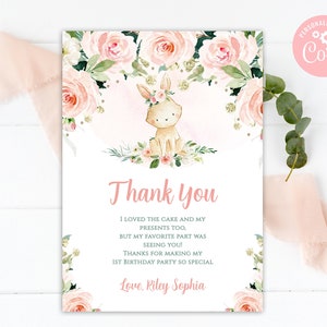 EDITABLE Bunny Thank You Card Bunny Birthday Party Cards | Etsy
