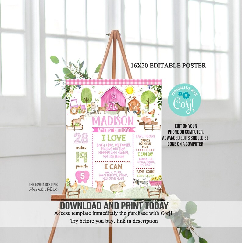 Editable Farm Girl Birthday Milestone Poster, Farm Animals Pink ...