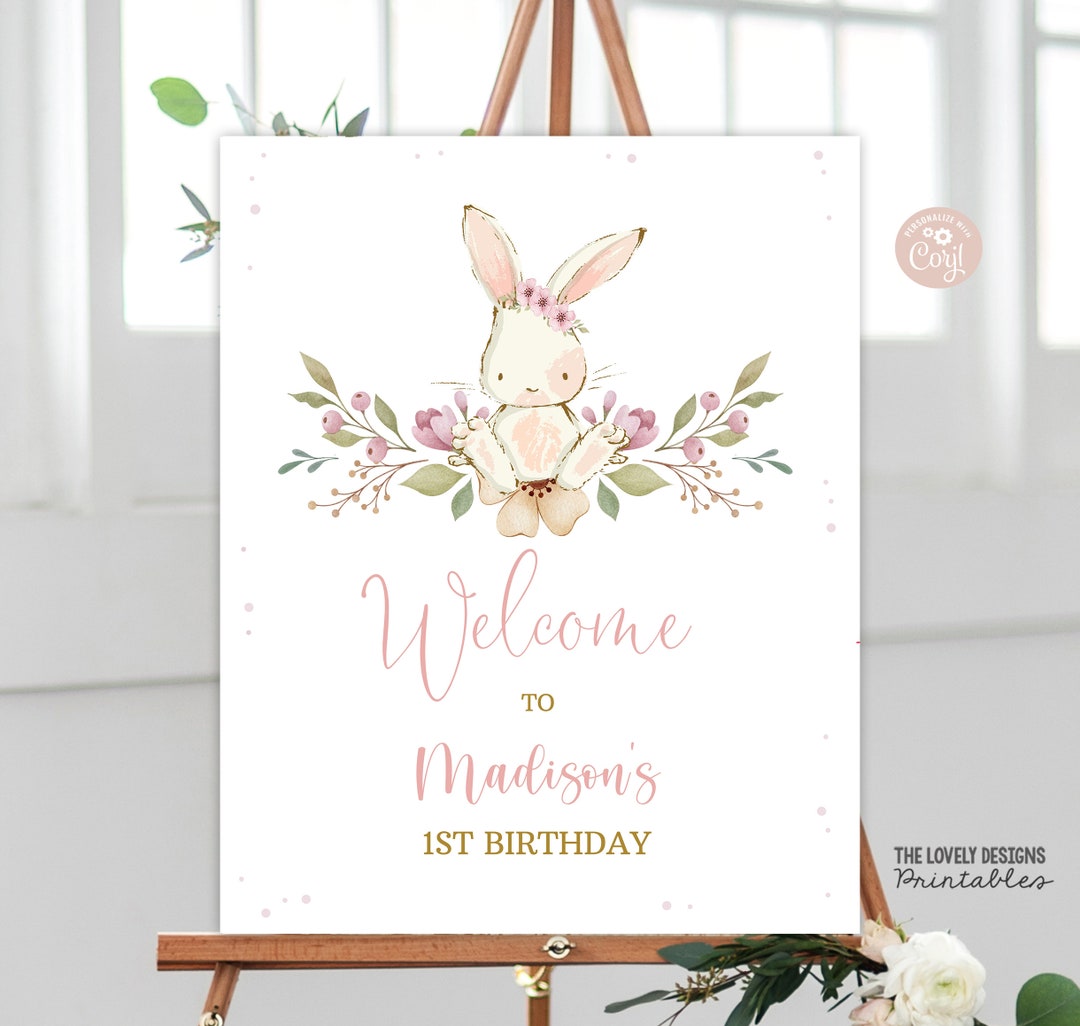EDITABLE Bunny Welcome Sign Bunny Pink Floral Spring Rabbit Easter ...