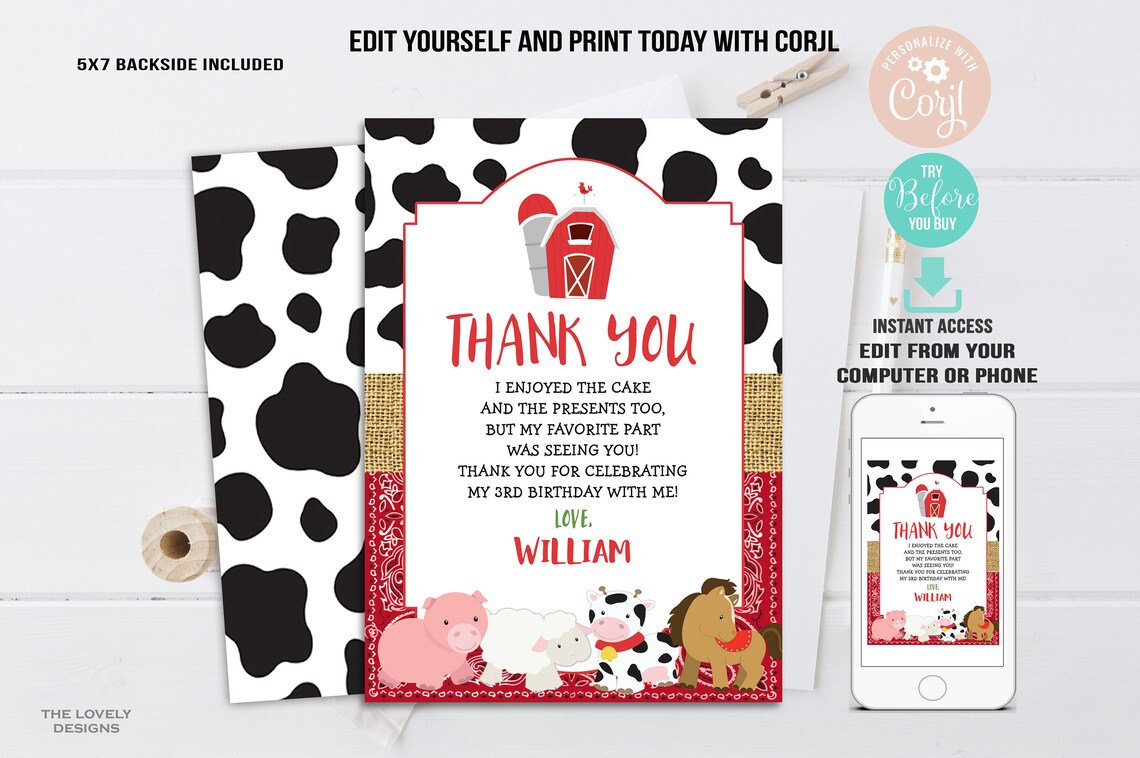 EDITABLE Farm Thank You Card Farm Birthday Cards Farm Red - Etsy