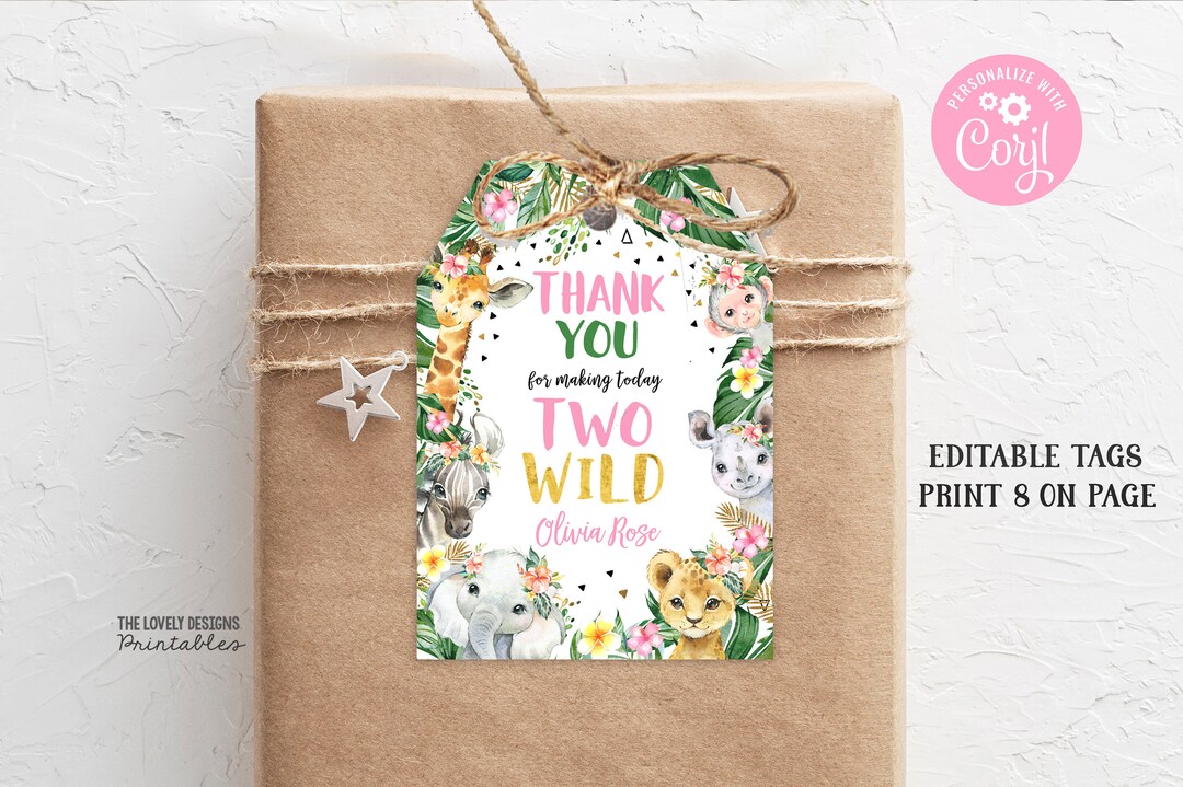 EDITABLE Two Wild Jungle Favor Tag Birthday Jungle Girl Birthday Safari ...
