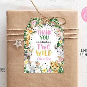 EDITABLE Two Wild Jungle Favor Tag Birthday Jungle Girl Birthday Safari ...