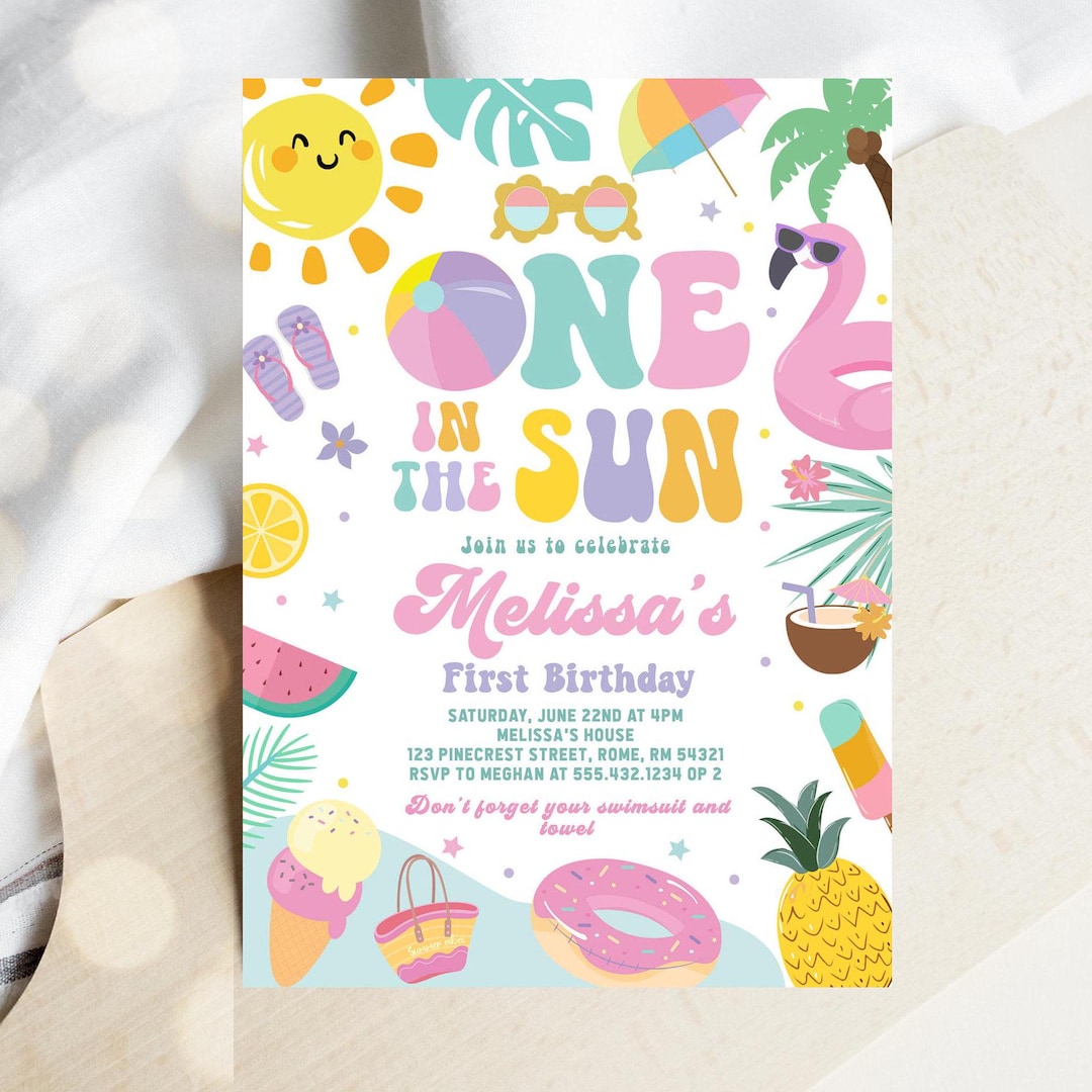 Editable One in the Sun 1st Birthday Pool Party Invitation Splish ...