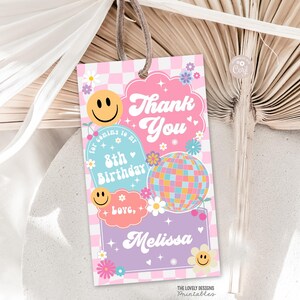 EDITABLE Favor Tag Checkered Smile Face Retro Tag Groovy Birthday Thank ...