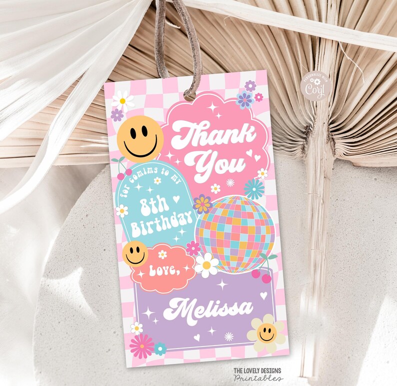 EDITABLE Favor Tag Checkered Smile Face Retro Tag Groovy Birthday Thank ...