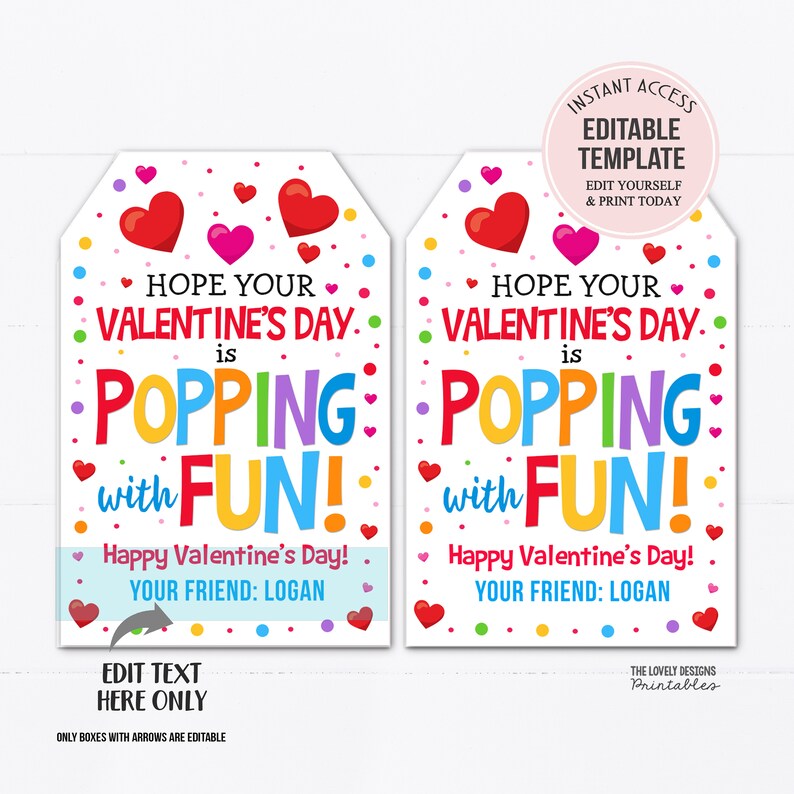 Popping With Fun Valentine Tag Valentine's Day Tag Pop Fidget Toy ...