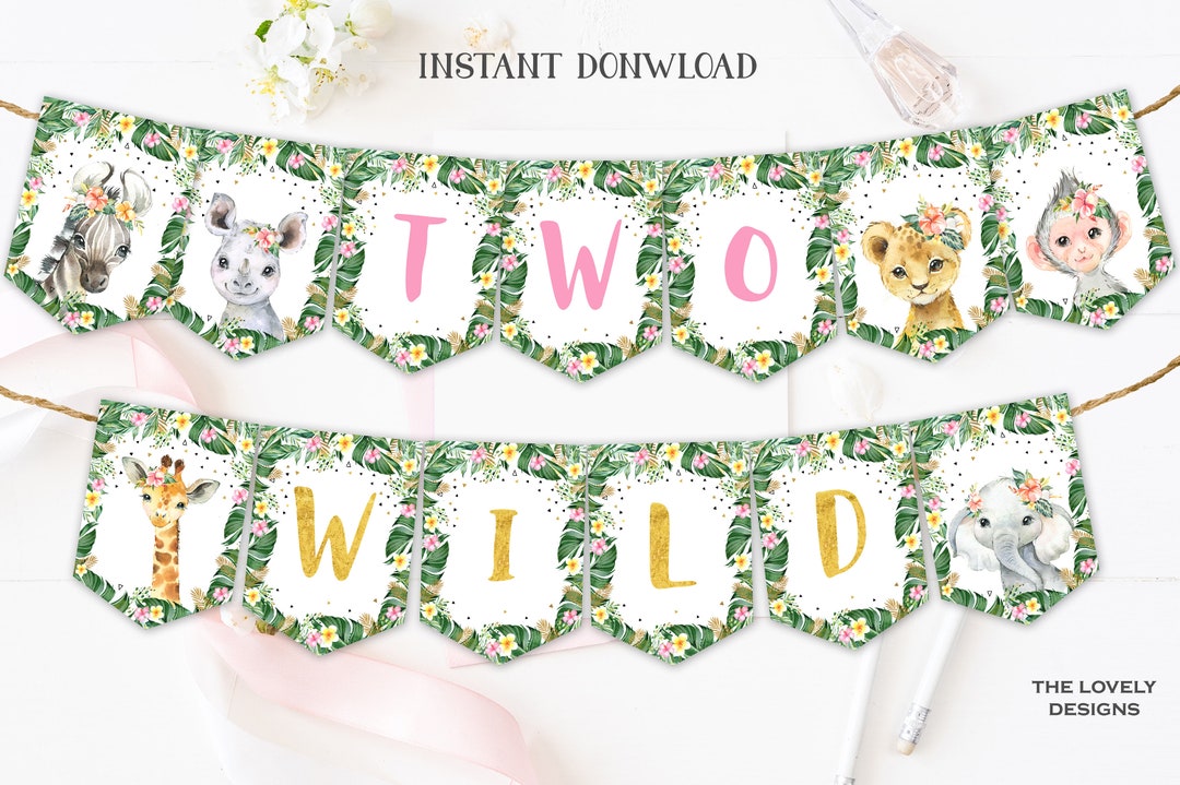 Jungle Two Wild Banner Jungle Girl 2nd Birthday Bunting Banner Jungle ...