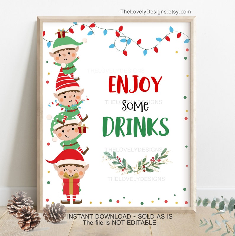 Elf Enjoy Some Drinks Sign Cute Elves Sign Kids Party Elf Holiday Party ...