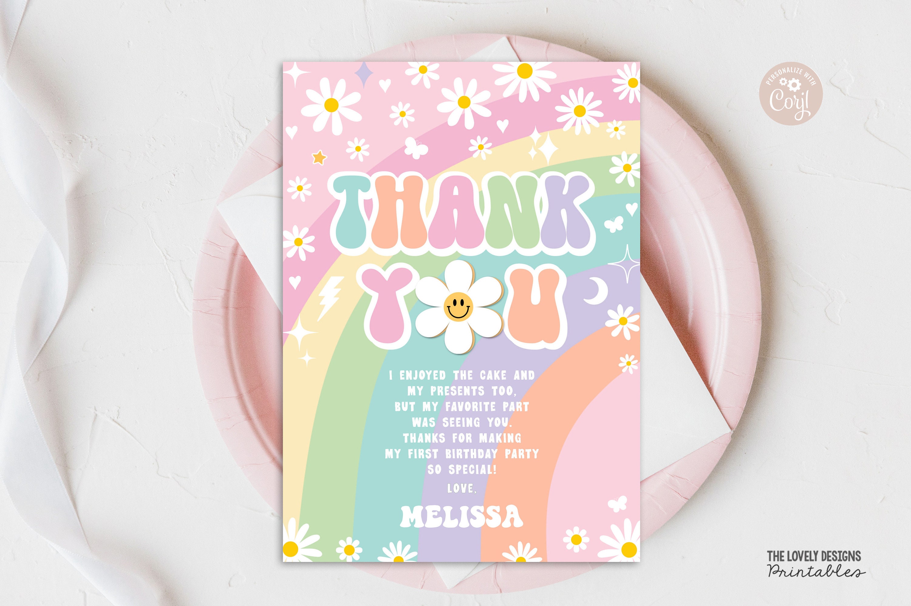 EDITABLE Groovy Thank You Card Two Groovy One Birthday Rainbow Daisy ...