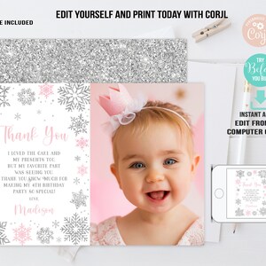 EDITABLE Winter Thank You Card With Photo Winter Birthday Snowflakes ...