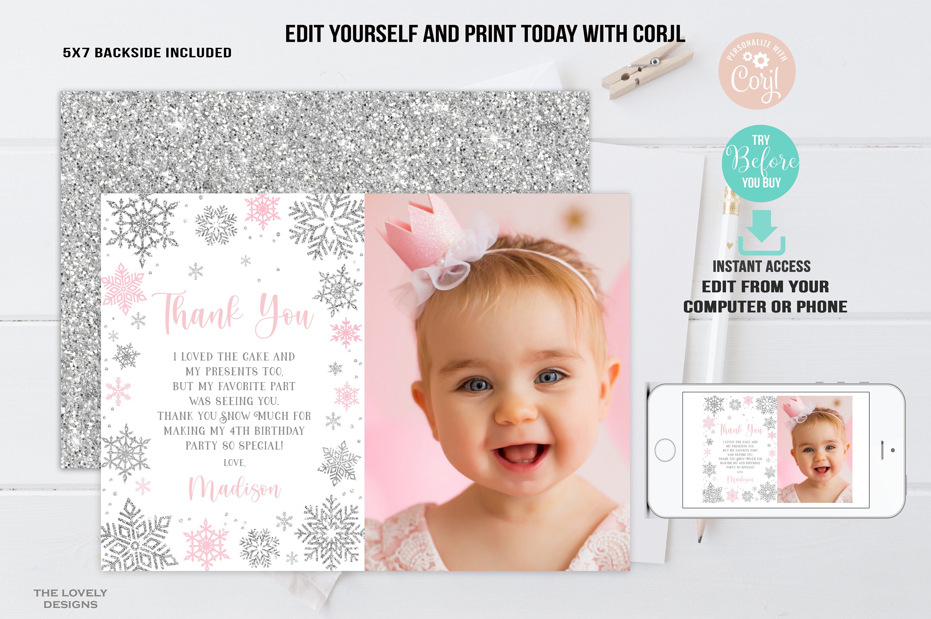 EDITABLE Winter Thank You Card With Photo Winter Birthday Snowflakes ...