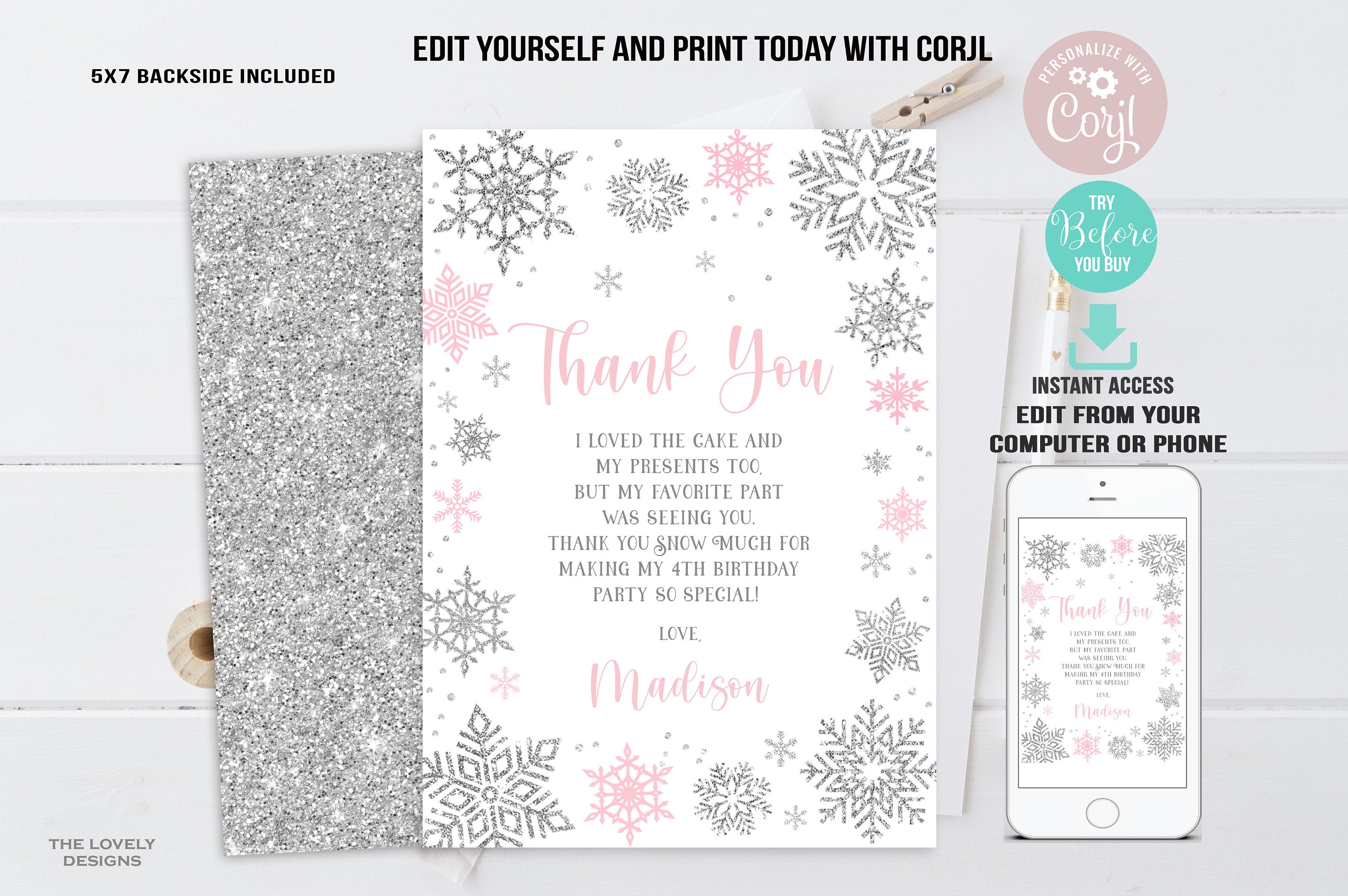 EDITABLE Winter Thank You Card Winter Birthday Party - Etsy