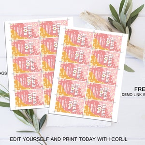 Editable Gift Tag Groovy Birthday Rainbow Pink Yellow Favor Tags Daisy ...