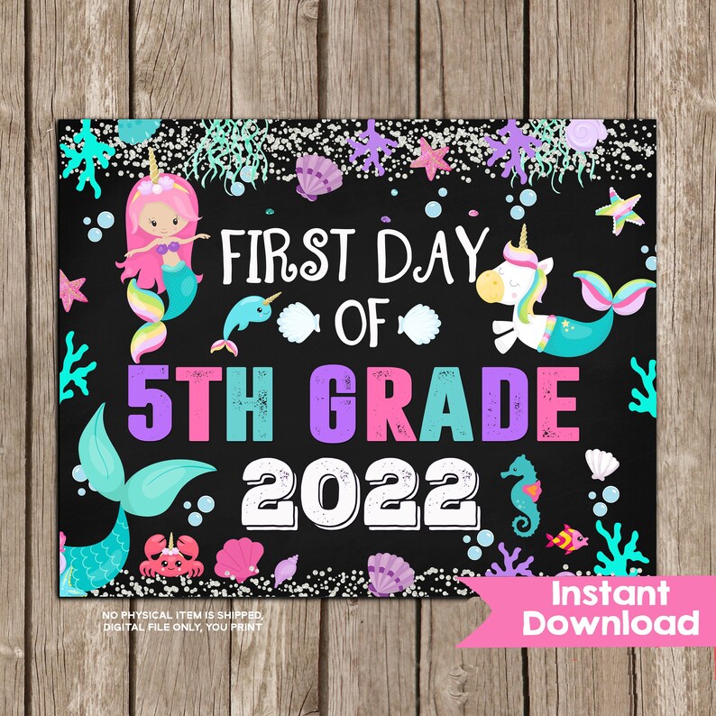 Mermaid Unicorn First Day of 5th Grade Sign 8x10 INSTANT - Etsy