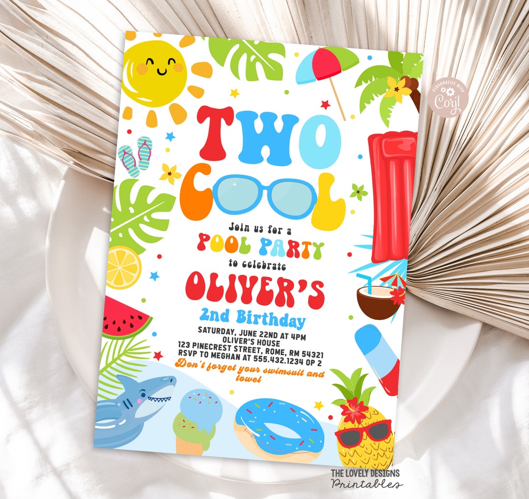 Two Cool 2th Birthday Pool Party Editable Invitation Summer Splish ...