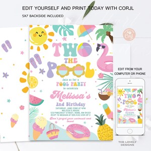 Editable Two the Pool 2nd Birthday Pool Party Invitation Splish Splash ...