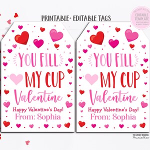Valentine You Fill My Cup Tag Valentine's Day Tag Preschool Kids ...