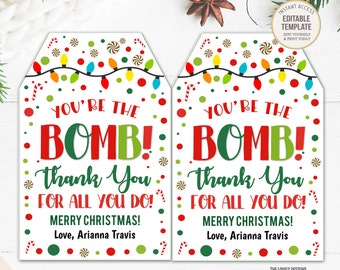 Christmas Appreciation Gift Tag, You're the Bomb, Teacher Employee ...