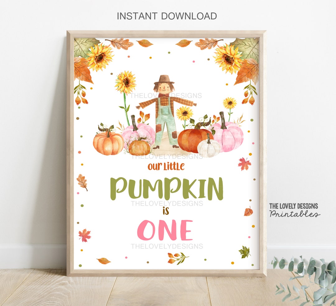 Our Little Pumpkin is One Sign Girl Pumpkin Scarecrow 1st Birthday Pink ...