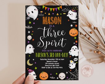 Editable Three Spirit Halloween Ghost 3rd Birthday Party Invitation ...