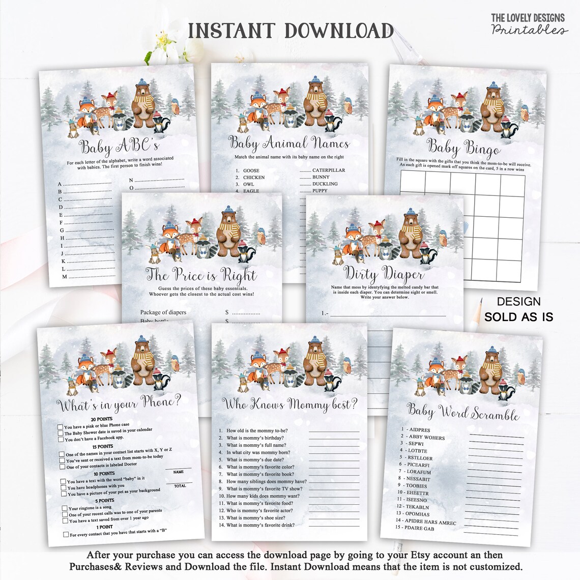 Woodland Winter Baby Shower Games Package X8 Woodland Baby | Etsy