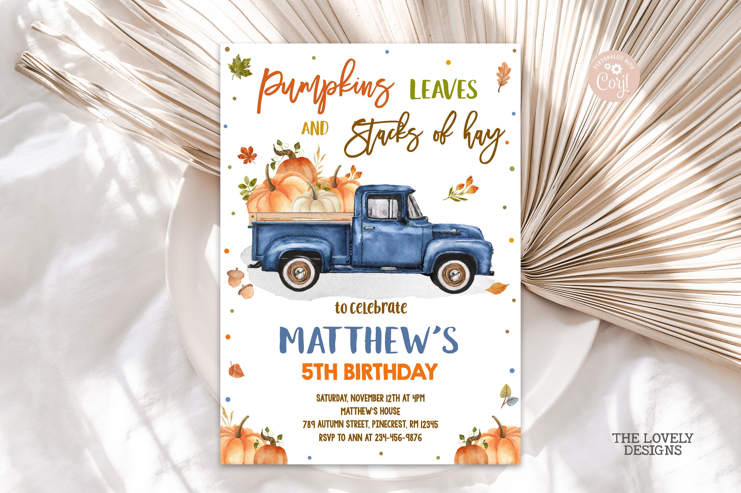 Editable Pumpkin Truck Blue Birthday Invitation Pumpkin Patch ...
