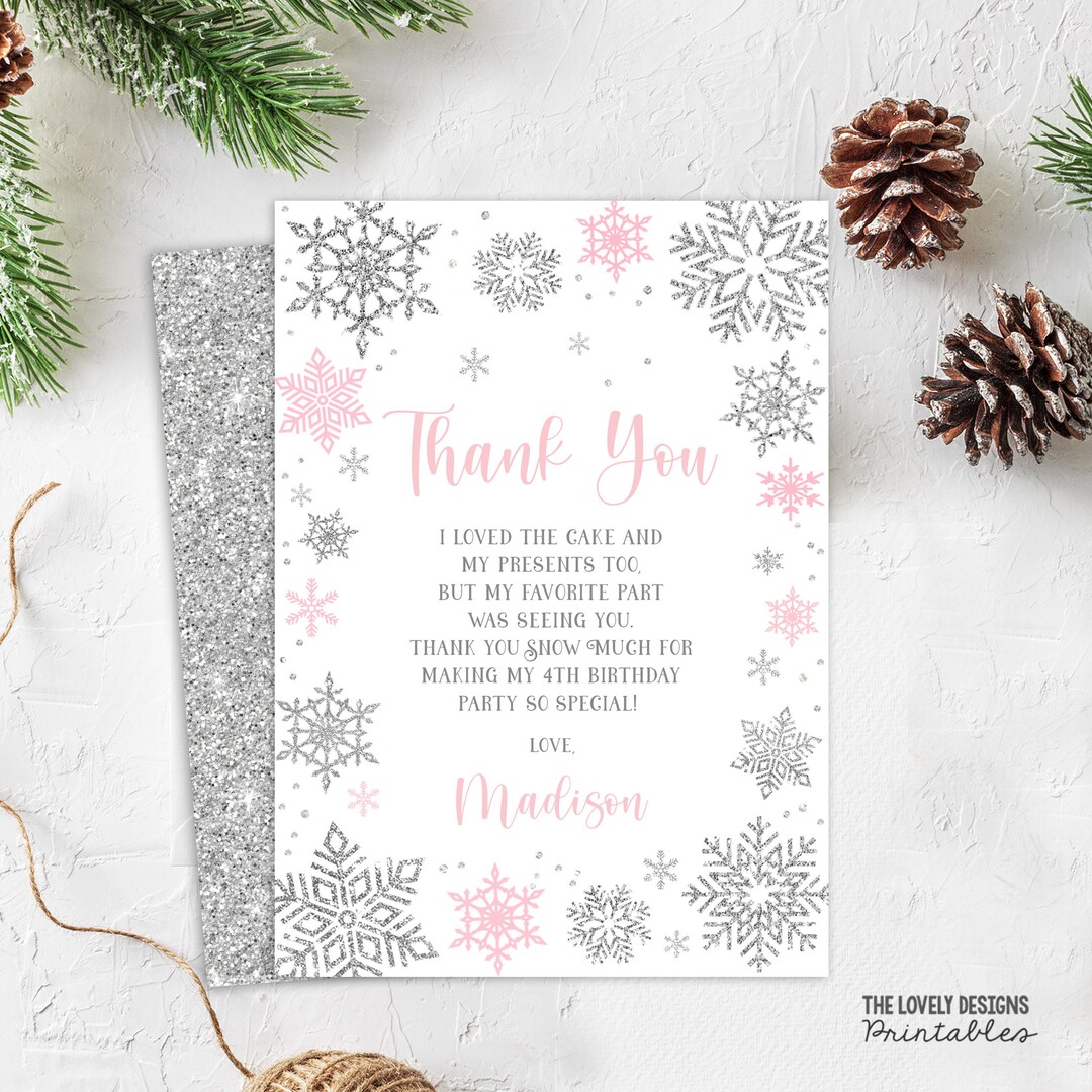 EDITABLE Winter Thank You Card Winter Birthday Party Snowflakes Pink ...