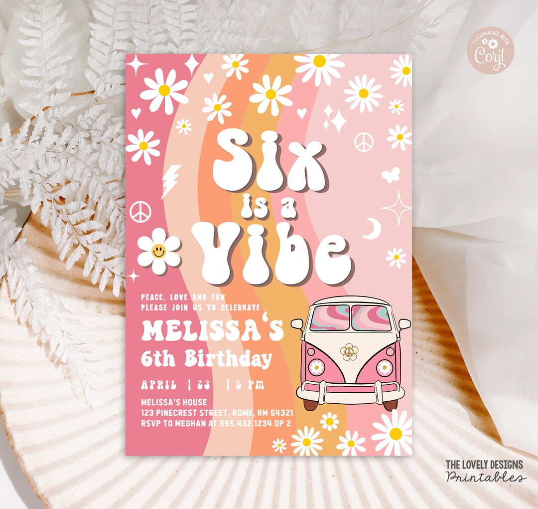 EDITABLE Groovy 6th Birthday Six is a Vibe Invitation Rainbow - Etsy
