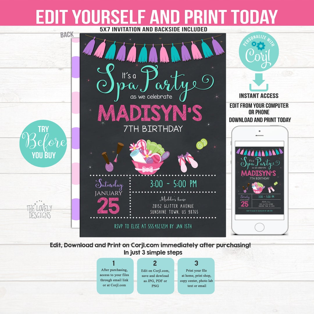 Spa Party EDITABLE Invitation Printable Spa Birthday - Etsy