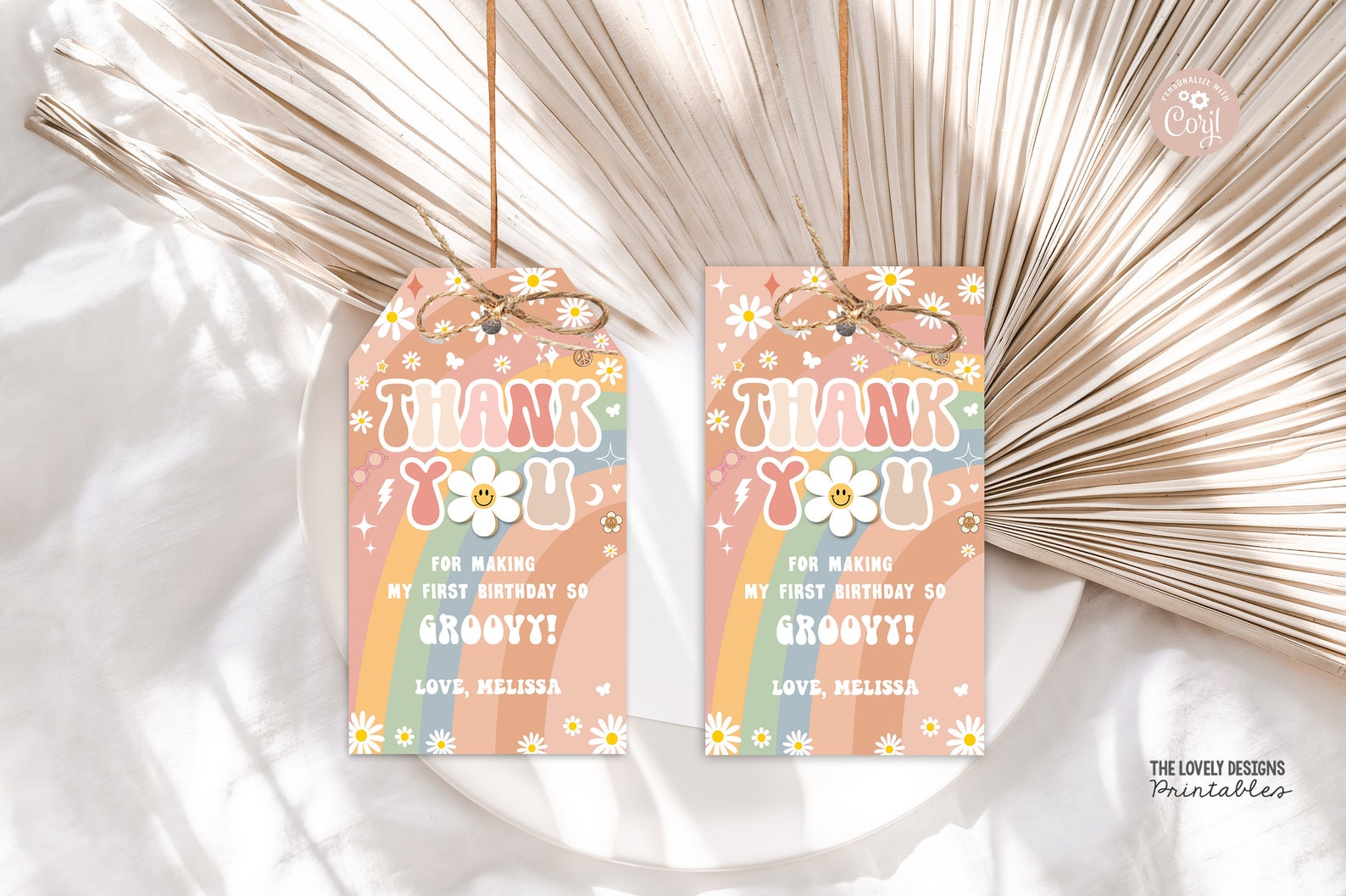 EDITABLE Groovy Daisy Rainbow Favor Tag Groovy Birthday Hippie Retro 70 ...