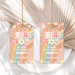 EDITABLE Groovy Daisy Rainbow Favor Tag Groovy Birthday Hippie Retro 70 ...
