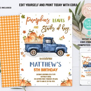 EDITABLE Pumpkin Truck Blue Birthday Invitation Pumpkin Patch ...