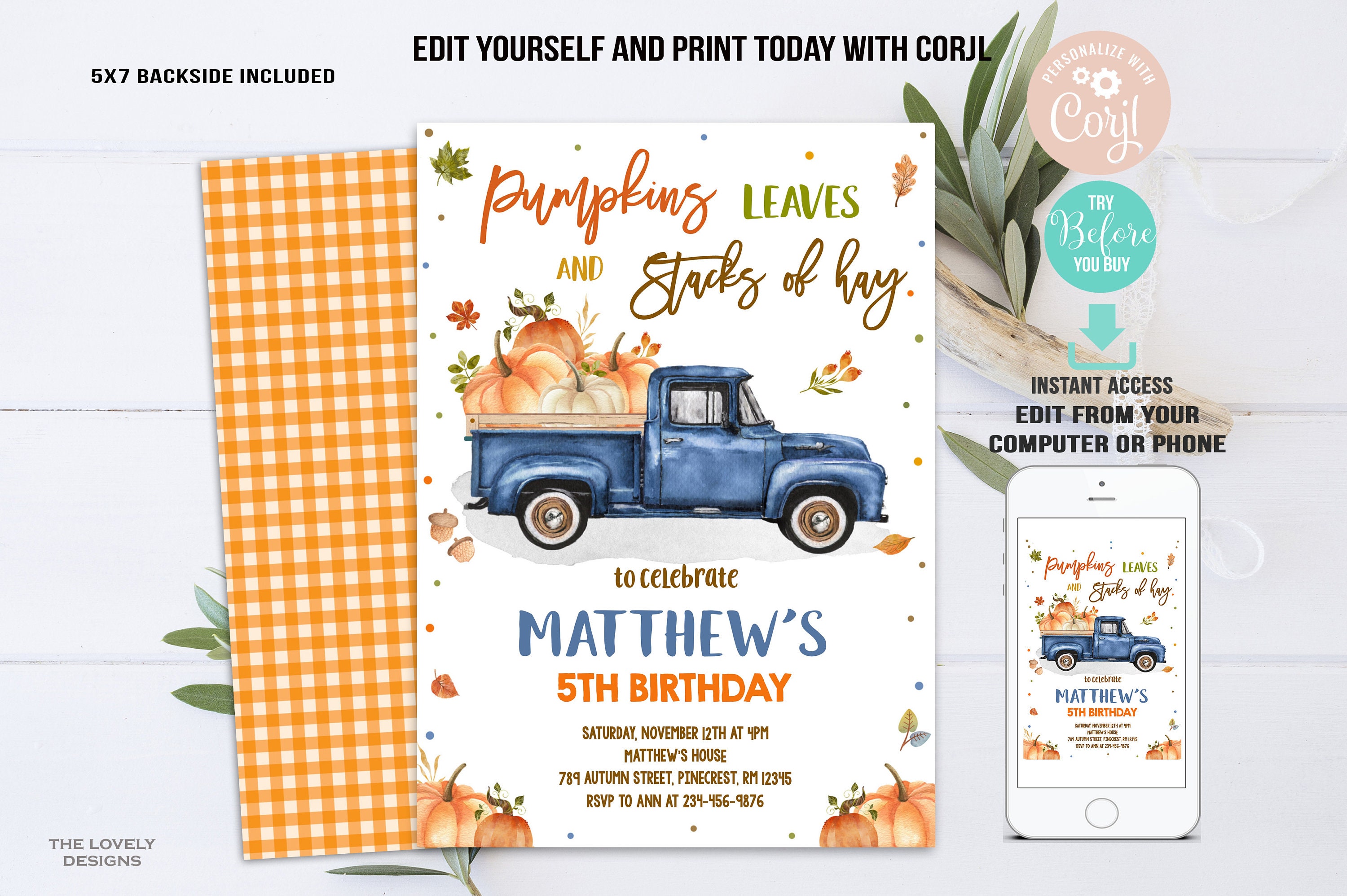Editable Pumpkin Truck Blue Birthday Invitation Pumpkin Patch ...