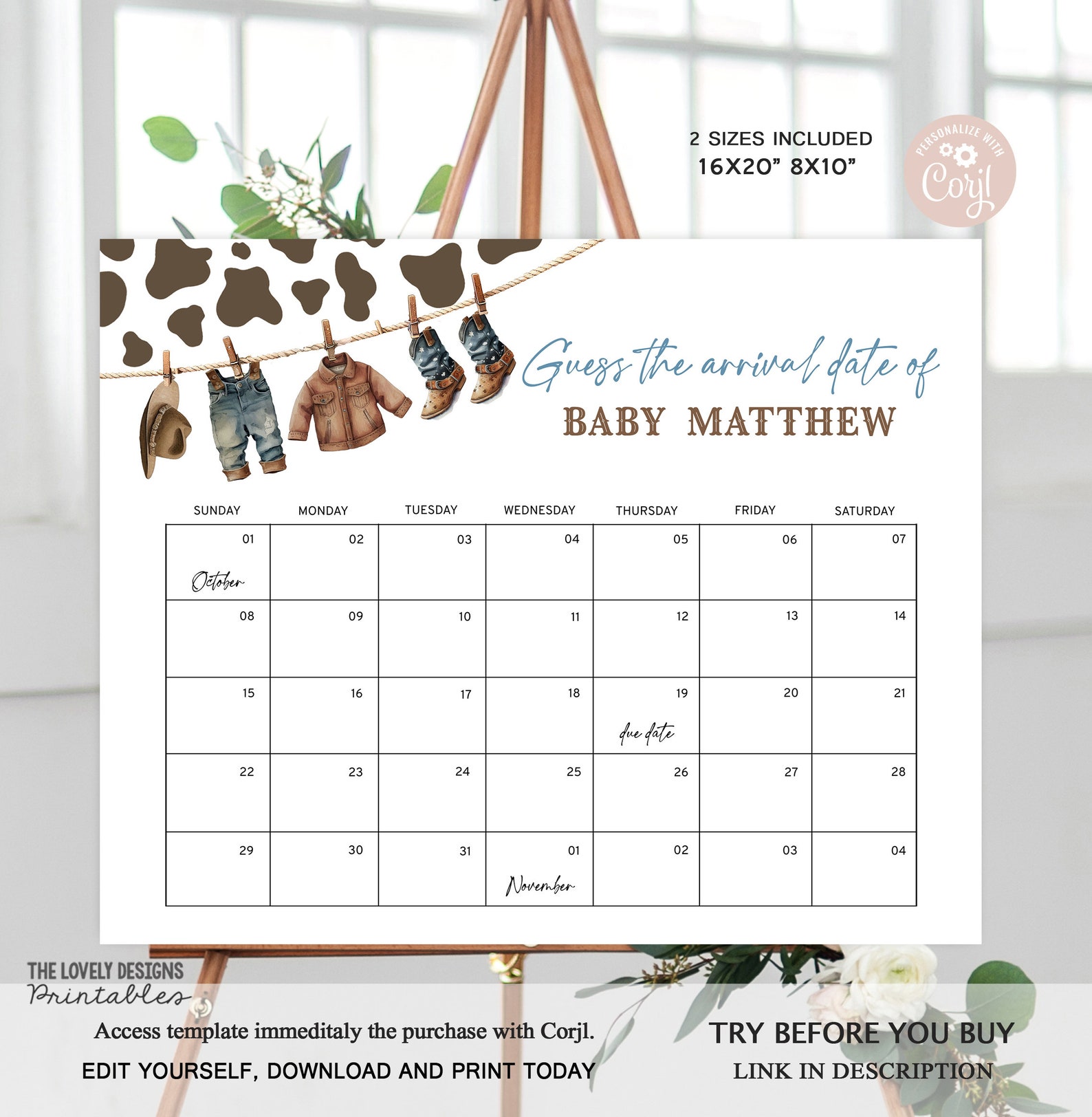 Cowboy Baby Due Date Calendar Guess Baby's Birthday Game Prediction ...