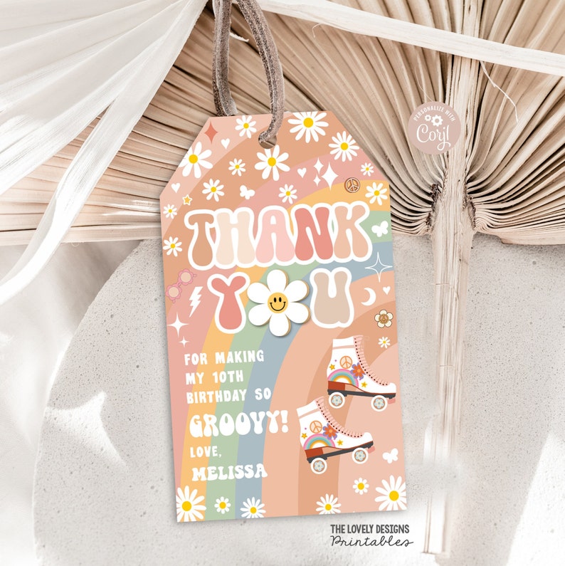 Groovy Roller Skate Birthday Tag Groovy Daisy Rainbow Hippie Retro 70's ...