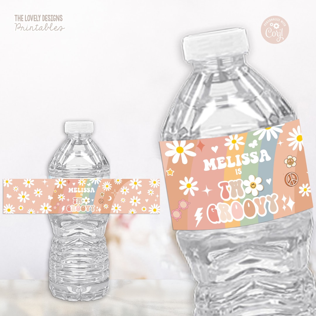 Editable Two Groovy Bottle Label Groovy 2nd Birthday Daisy Rainbow ...