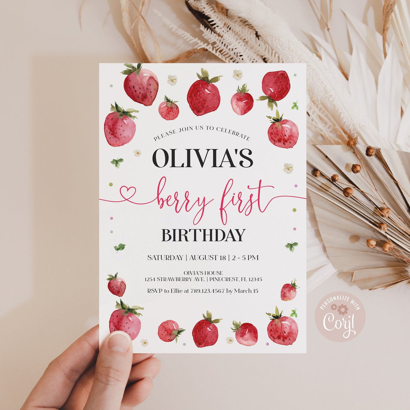Editable Strawberry Invitation Strawberry Invitation Summer Pool Party ...
